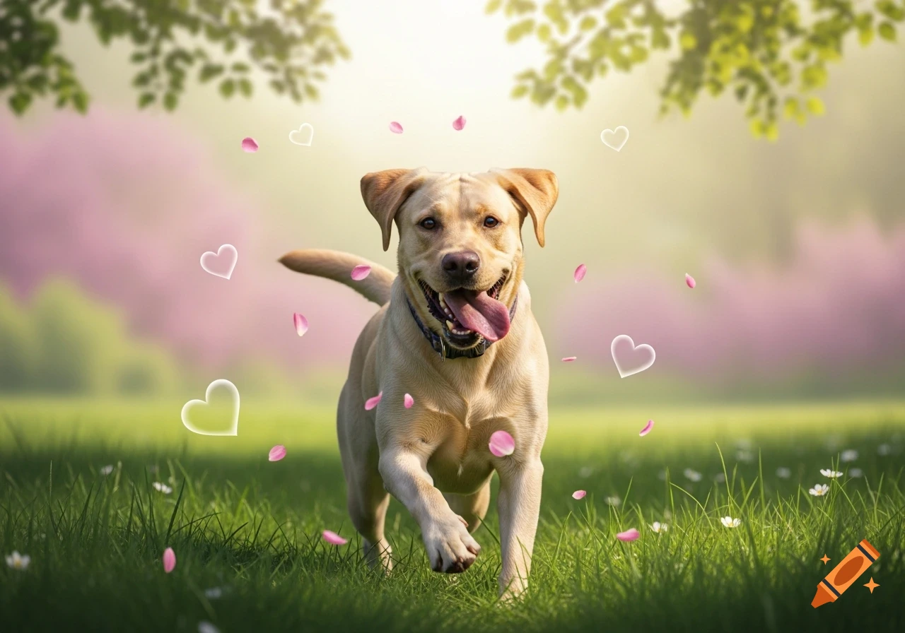 A happy yellow Labrador runs through a grassy field, surrounded by ...