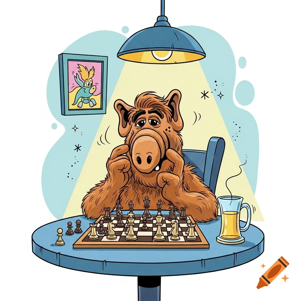 ALF the cartoon character sitting at a table, playing chess with a ...