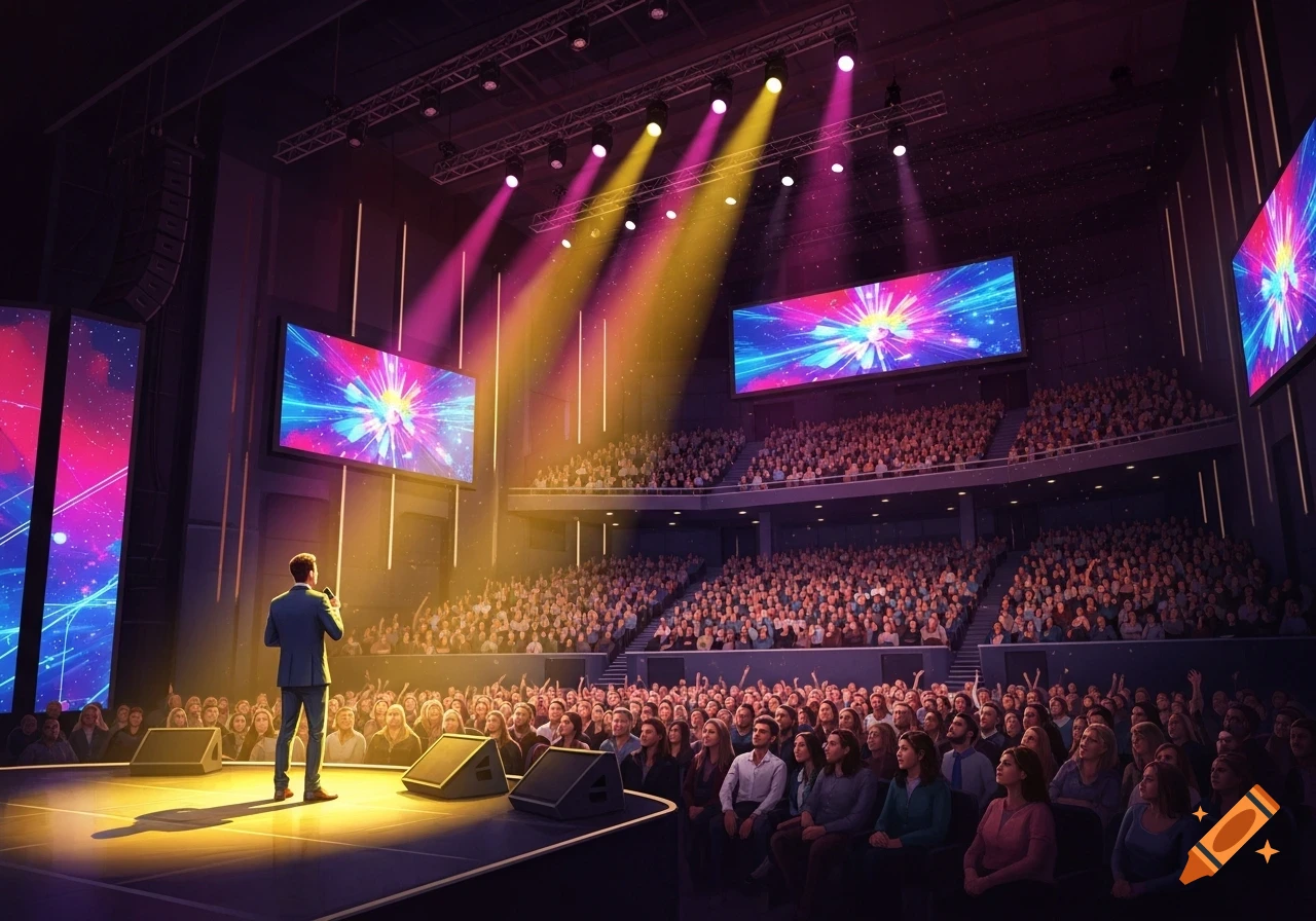 A speaker on a brightly lit stage addresses a large audience in a dark ...