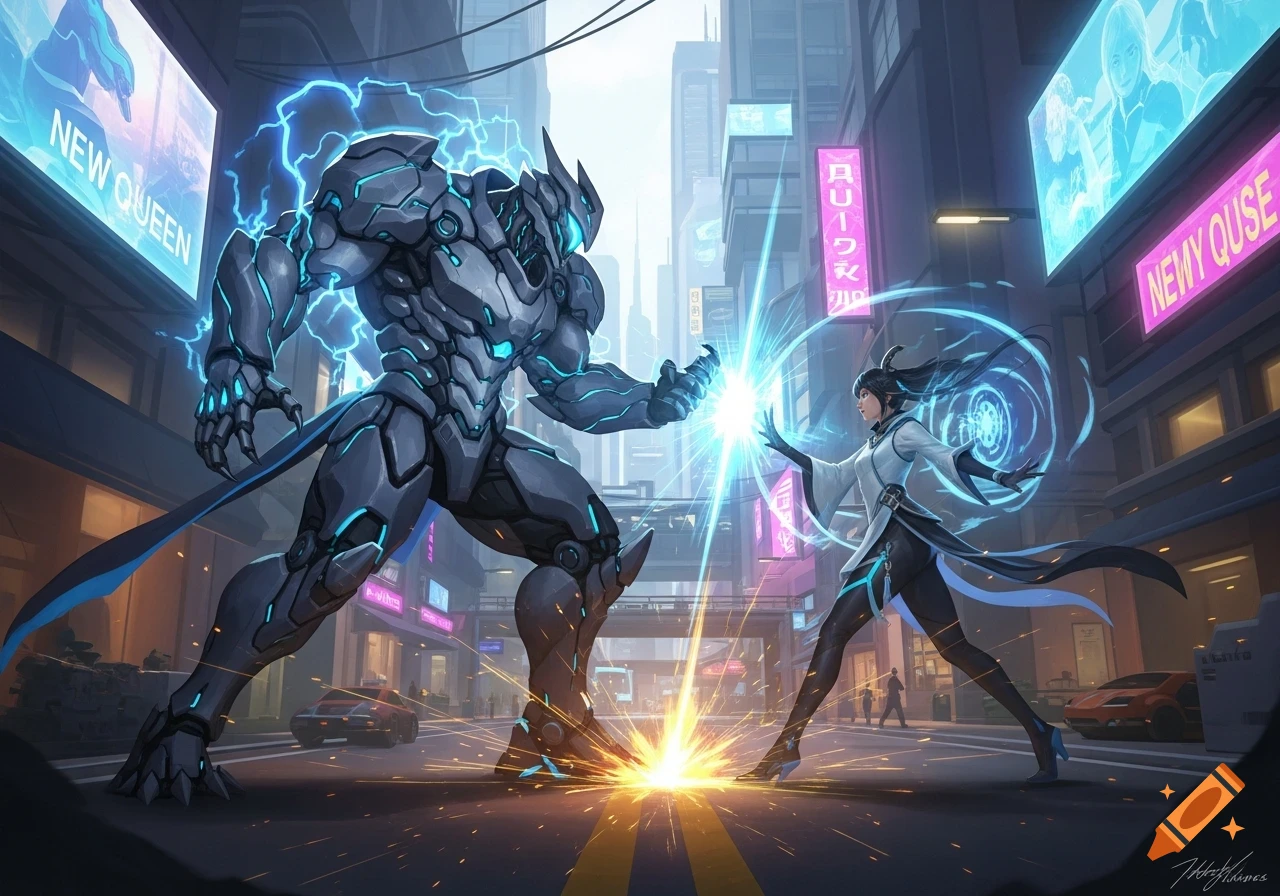A large grey and blue armored mech faces a female magic user in a ...