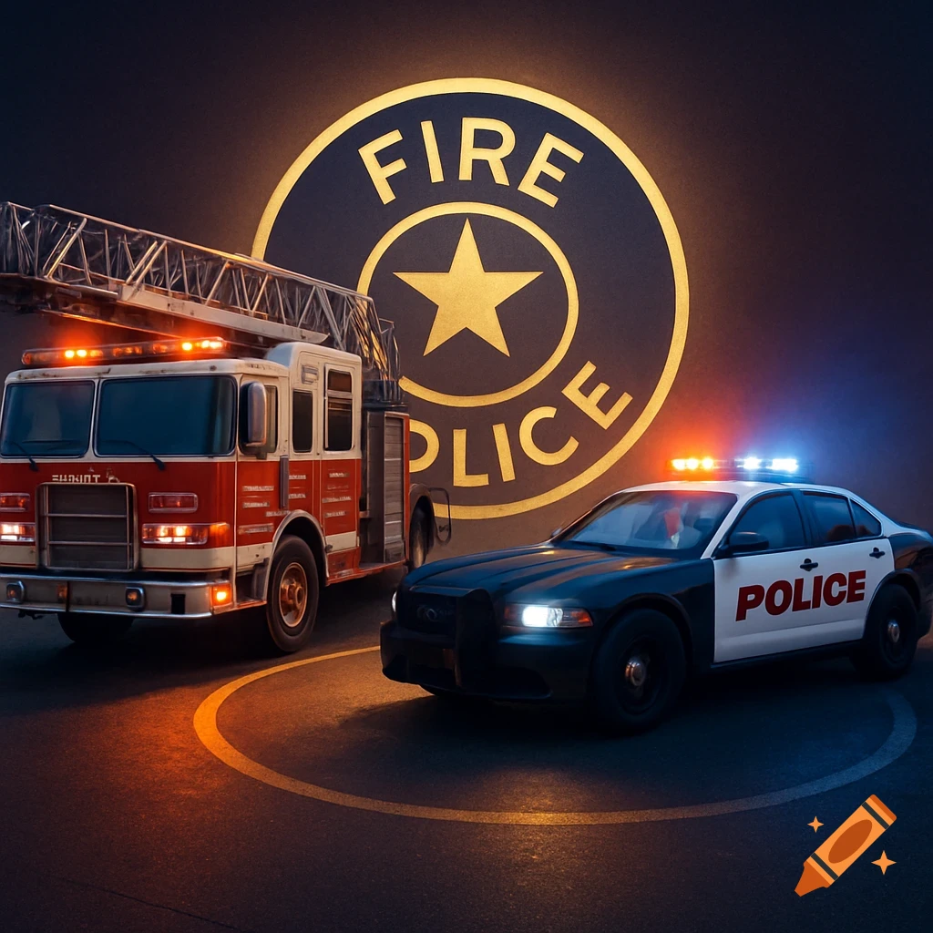 A fire department ladder truck and a police cruiser face inward, with a ...