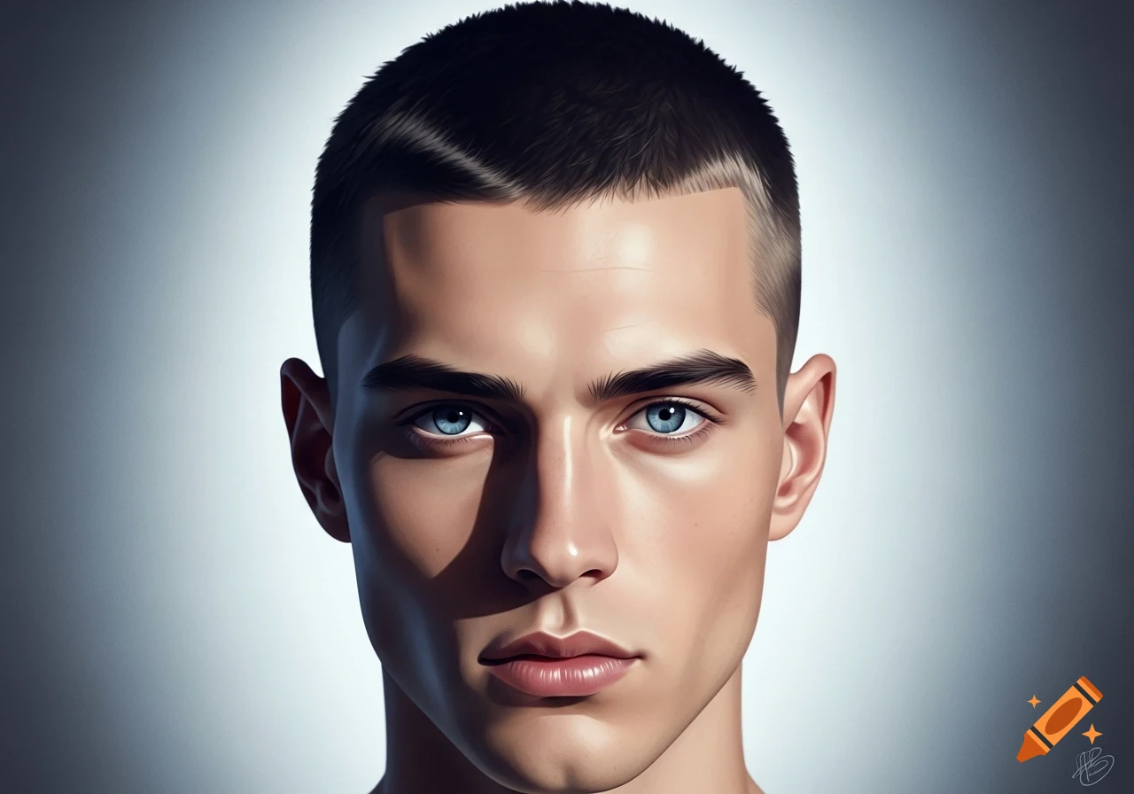 Close-up portrait of a man with blue eyes and a buzz cut hairstyle ...