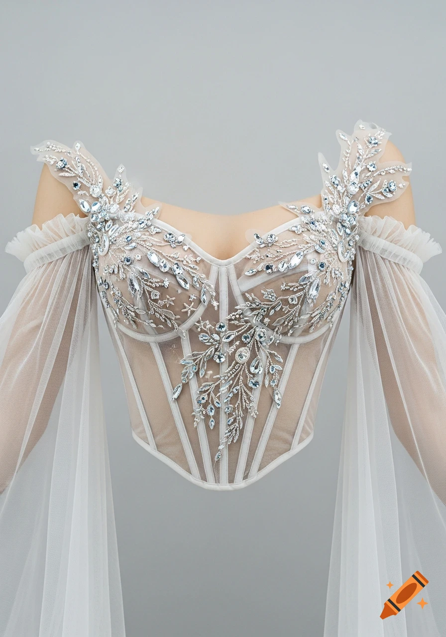 Ethereal white fantasy bodice with sheer corset, intricate silver and ...