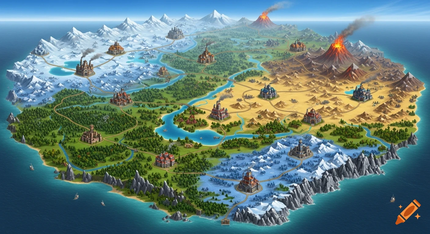 An isometric fantasy world map showing diverse biomes like snowy ...