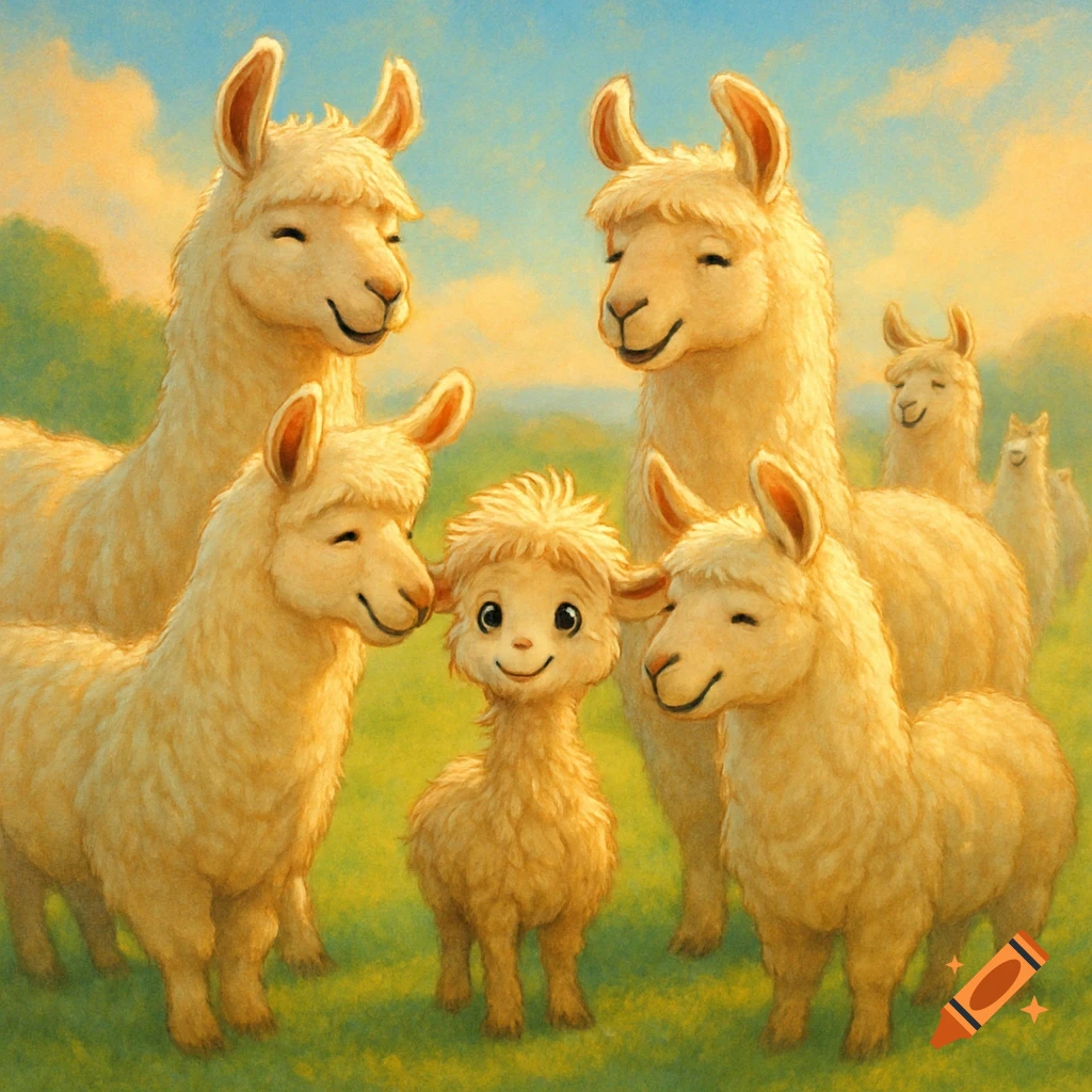 A group of fluffy, smiling llamas, including a small baby llama, stand ...