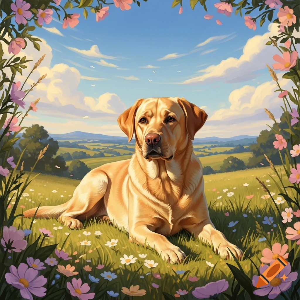 A vibrant illustration of a yellow Labrador retriever lying peacefully ...