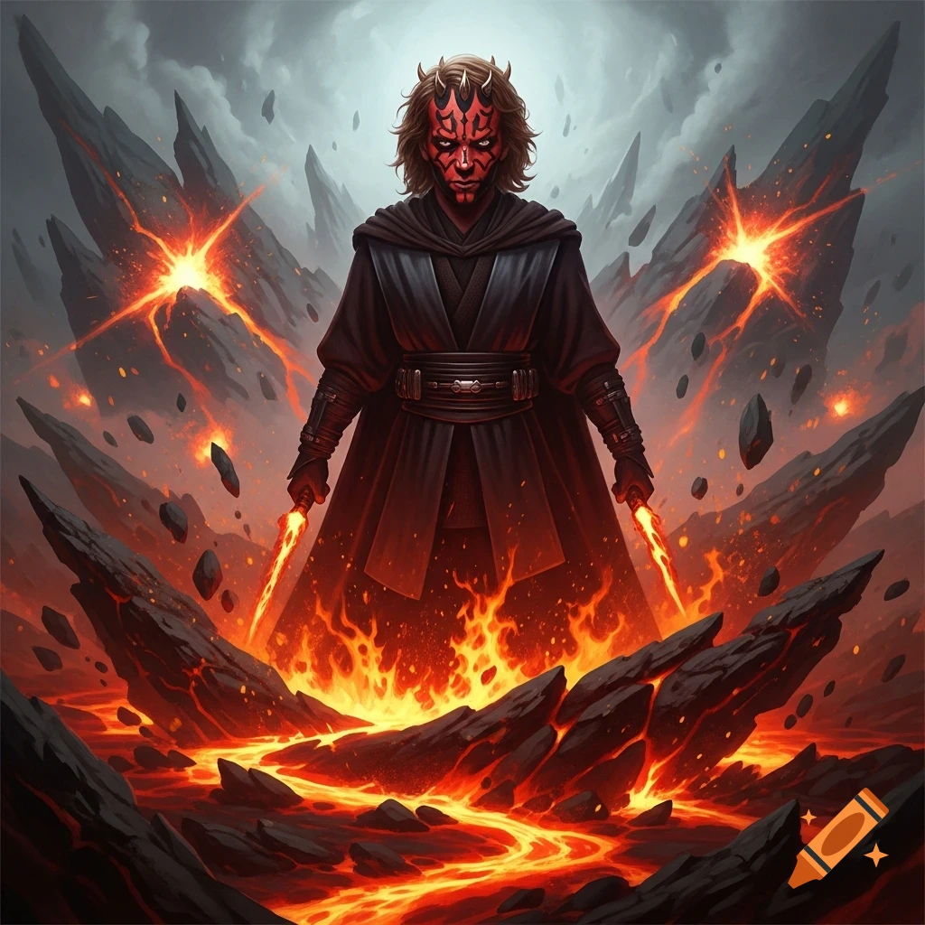 A red-skinned, horned character resembling Darth Maul stands amidst ...