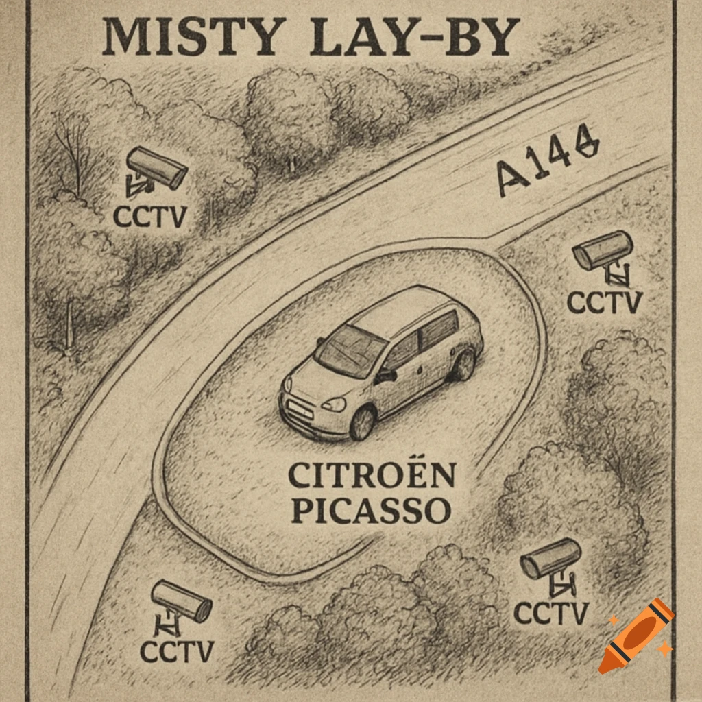 An overhead sketch map of a misty rural lay-by on the A146 road ...