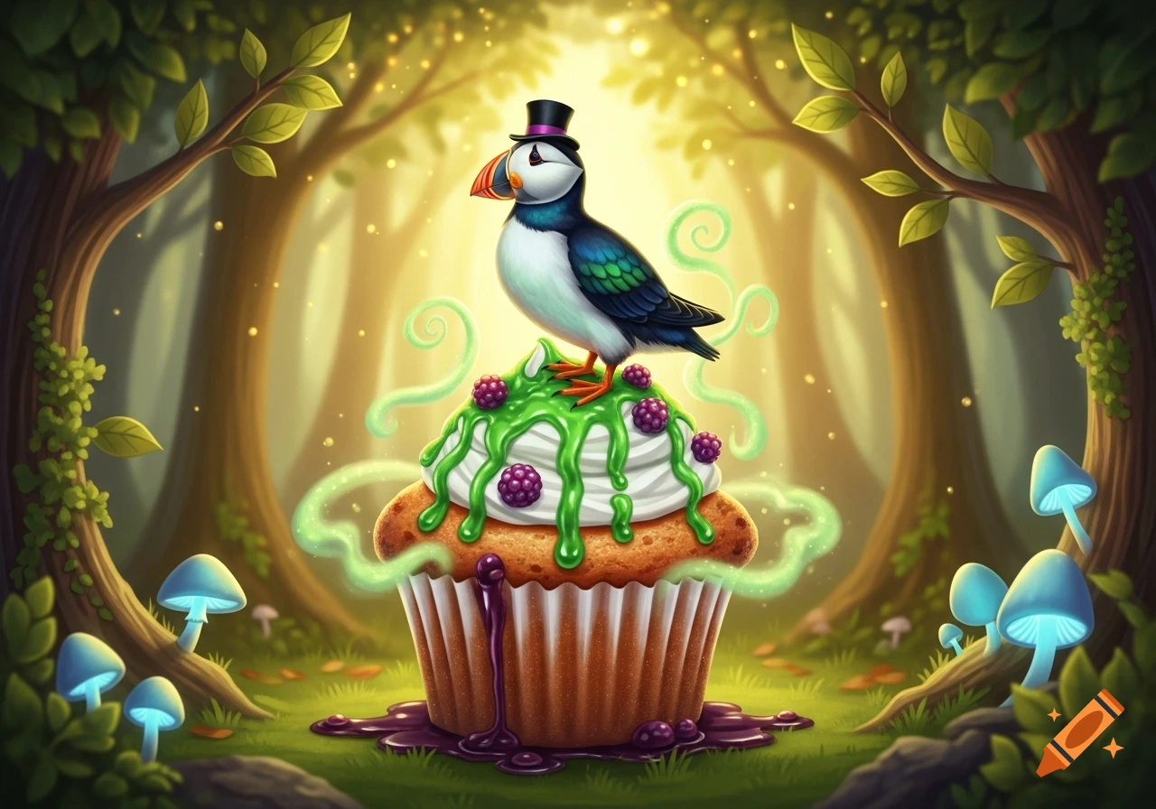 Cartoon puffin in a top hat standing on a cupcake with green frosting ...