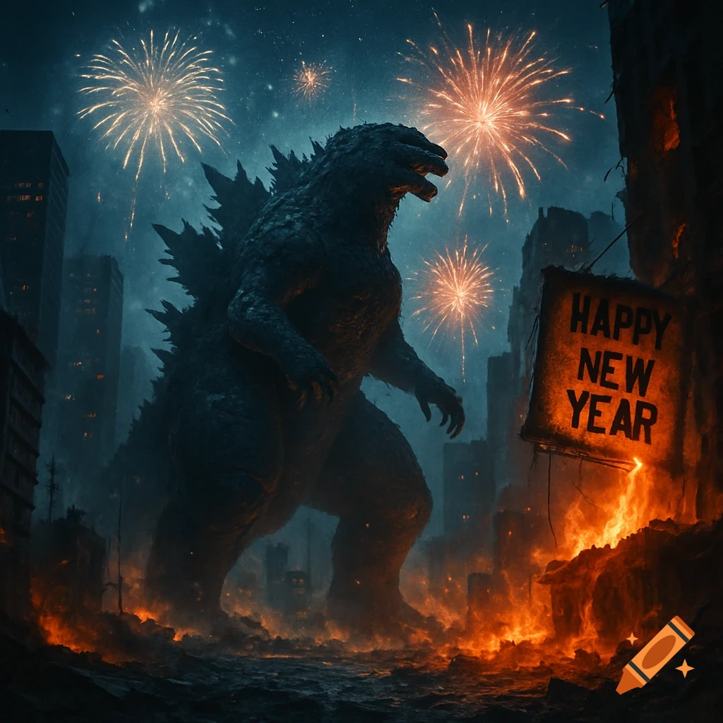 Godzilla stomps through a burning, destroyed city at night with ...