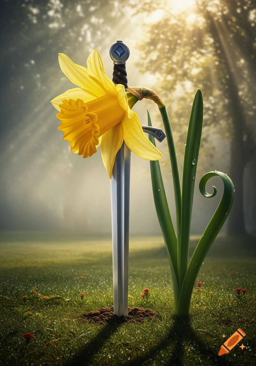 A large yellow daffodil leans against a sword plunged into dewy grass ...