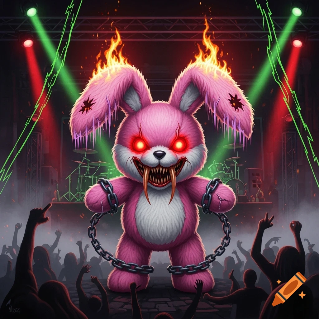 A monstrous pink bunny with glowing red eyes, fangs, and flaming ears ...