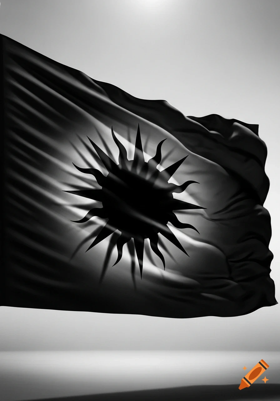 A black flag with a stylized black sun symbol at its center, waving ...