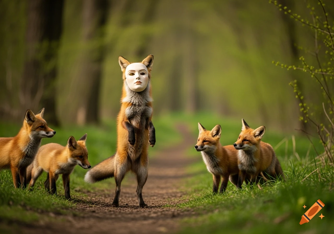 A fox wearing a human face mask stands on its hind legs among other ...