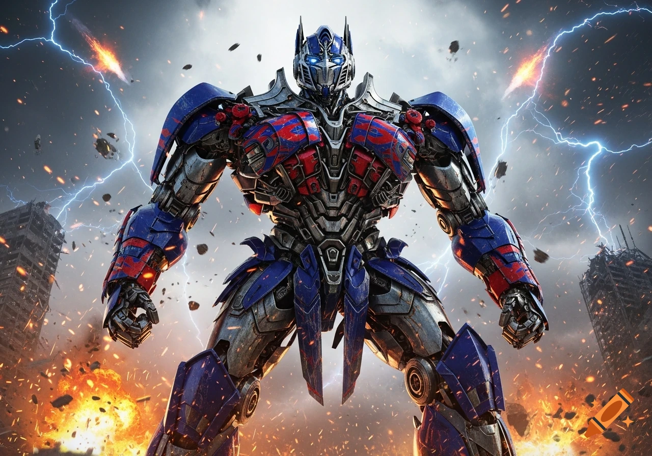 Optimus Prime stands powerfully amidst a fiery, lightning-filled ...