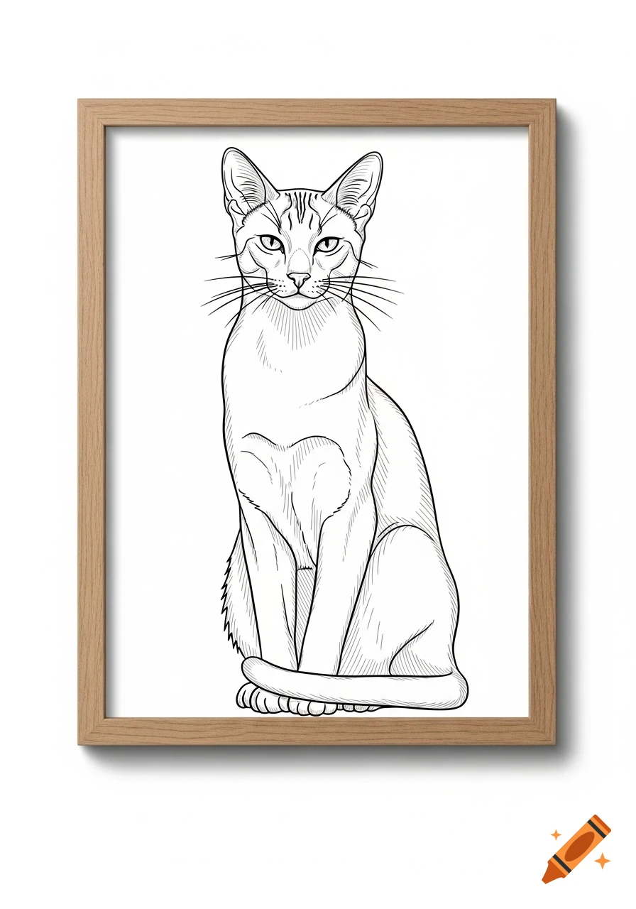 Black and white line drawing of a slender cat sitting upright, framed ...