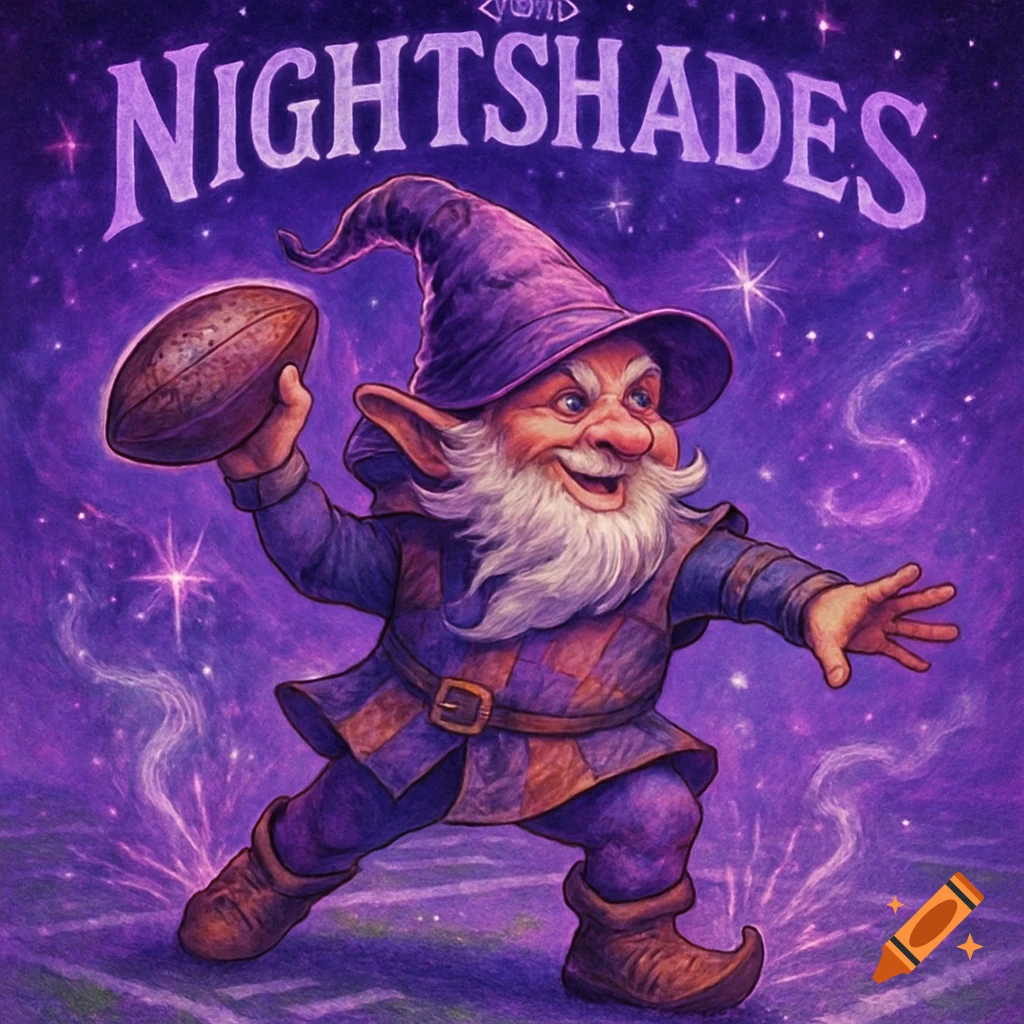 A purple digital art illustration of a smiling fantasy gnome in a ...