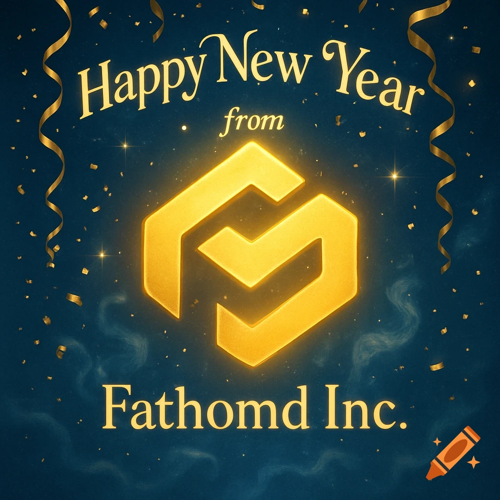 Happy New Year greeting with a golden Fathomd Inc. logo, golden text ...
