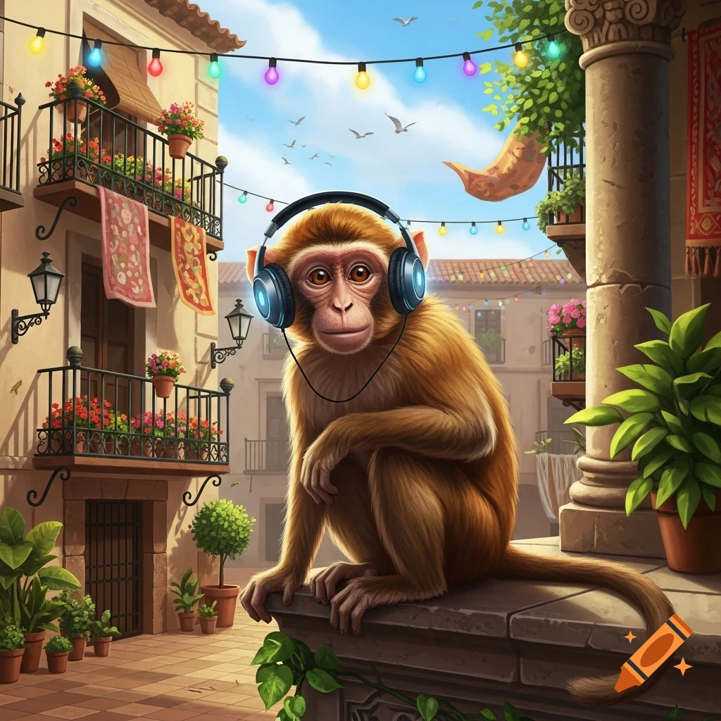 A stylized monkey with headphones sits on a ledge in a sunny Spanish ...