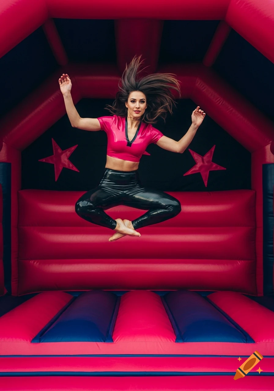 Brunette woman in a pink latex crop top and black latex leggings doing ...