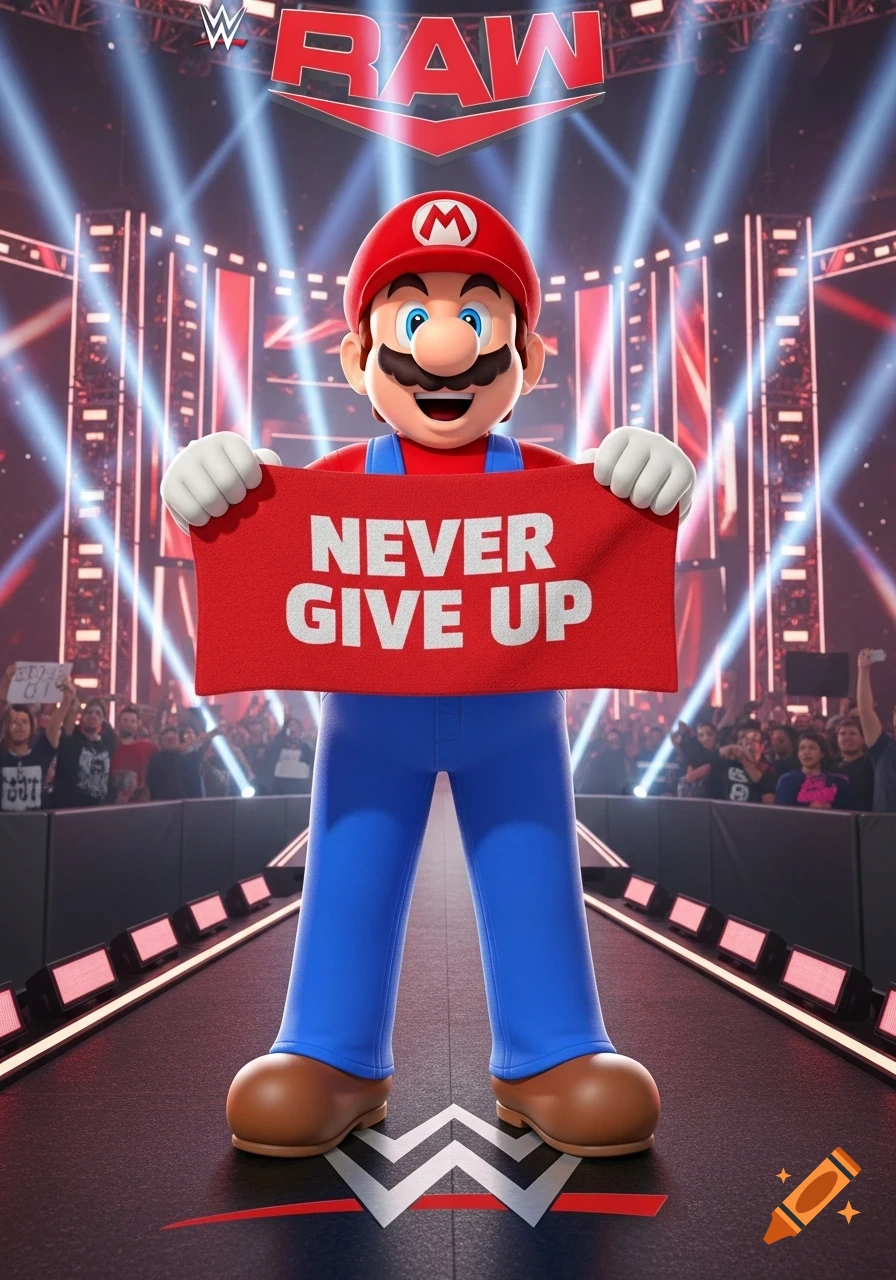 Super Mario stands on a WWE RAW stage, holding a red sign that says ...