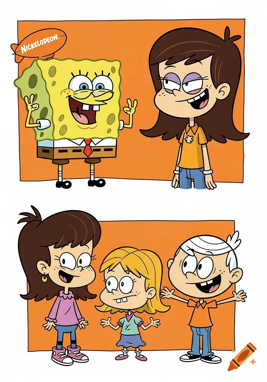 A two-panel cartoon drawing featuring Nickelodeon characters. The top ...