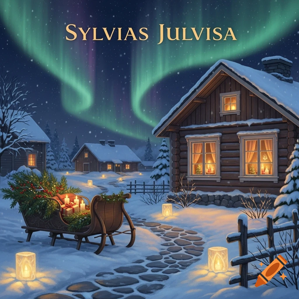 A snowy winter night scene featuring a cozy log cabin, a sleigh filled ...