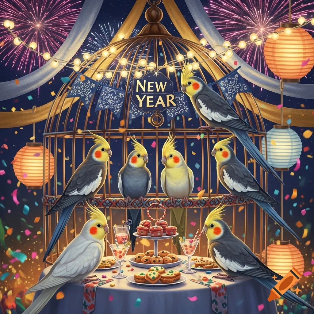 Cockatiels celebrate New Year's Eve around a table with desserts, under ...