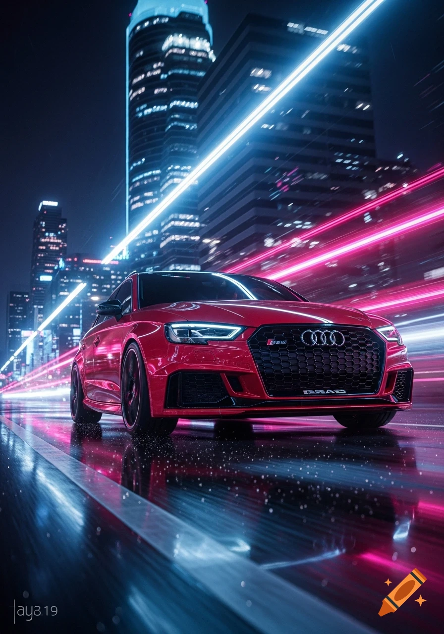 Red Audi RS3 car on a wet city street at night, with neon pink and blue ...