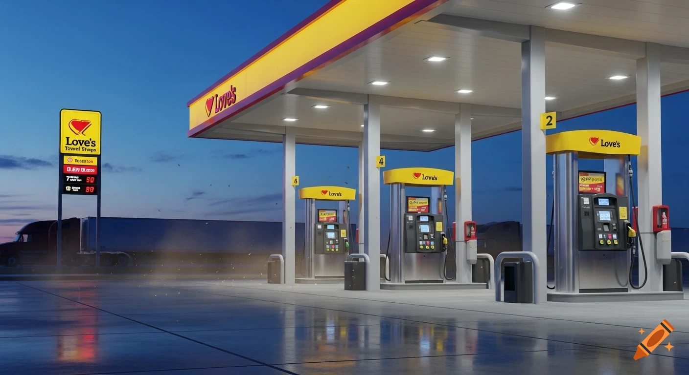 A photorealistic image of a Love's Travel Stops gas station at dusk or ...