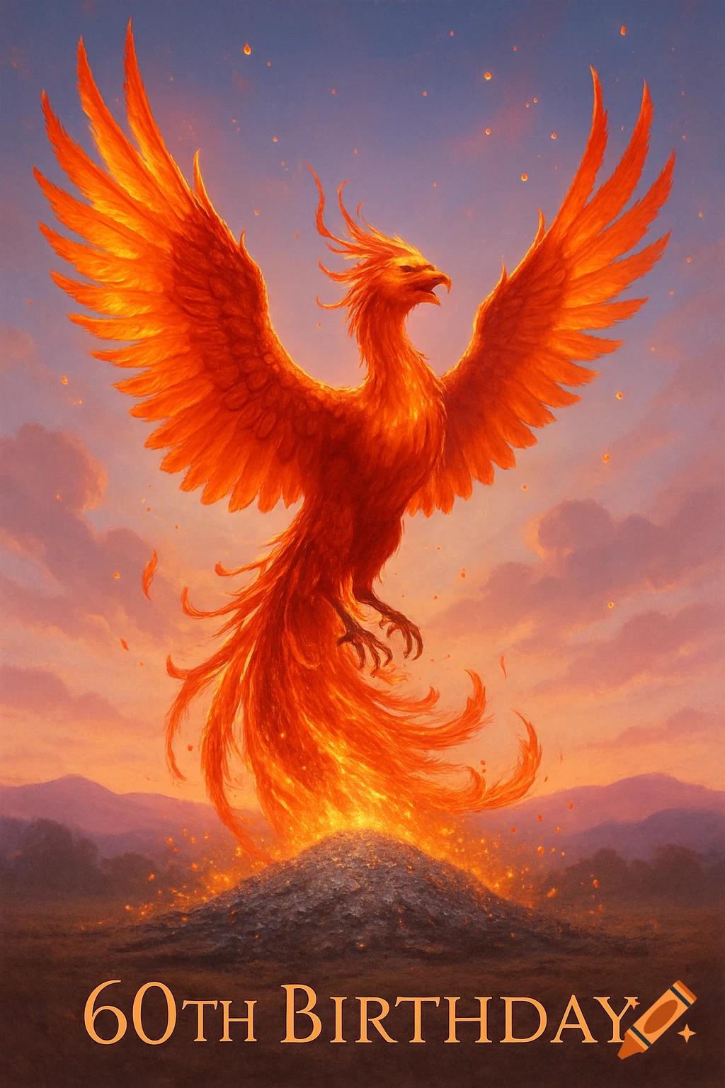 A vibrant, fiery phoenix with outstretched wings rises from a mound of ...