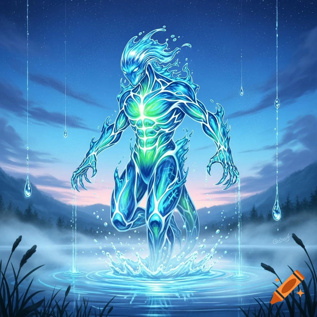 A glowing blue and green elemental water monster rises from a misty ...