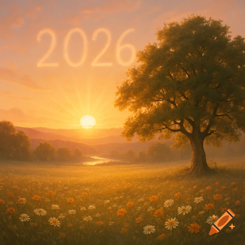A vibrant sunset over a field of wildflowers with a large tree, and the ...