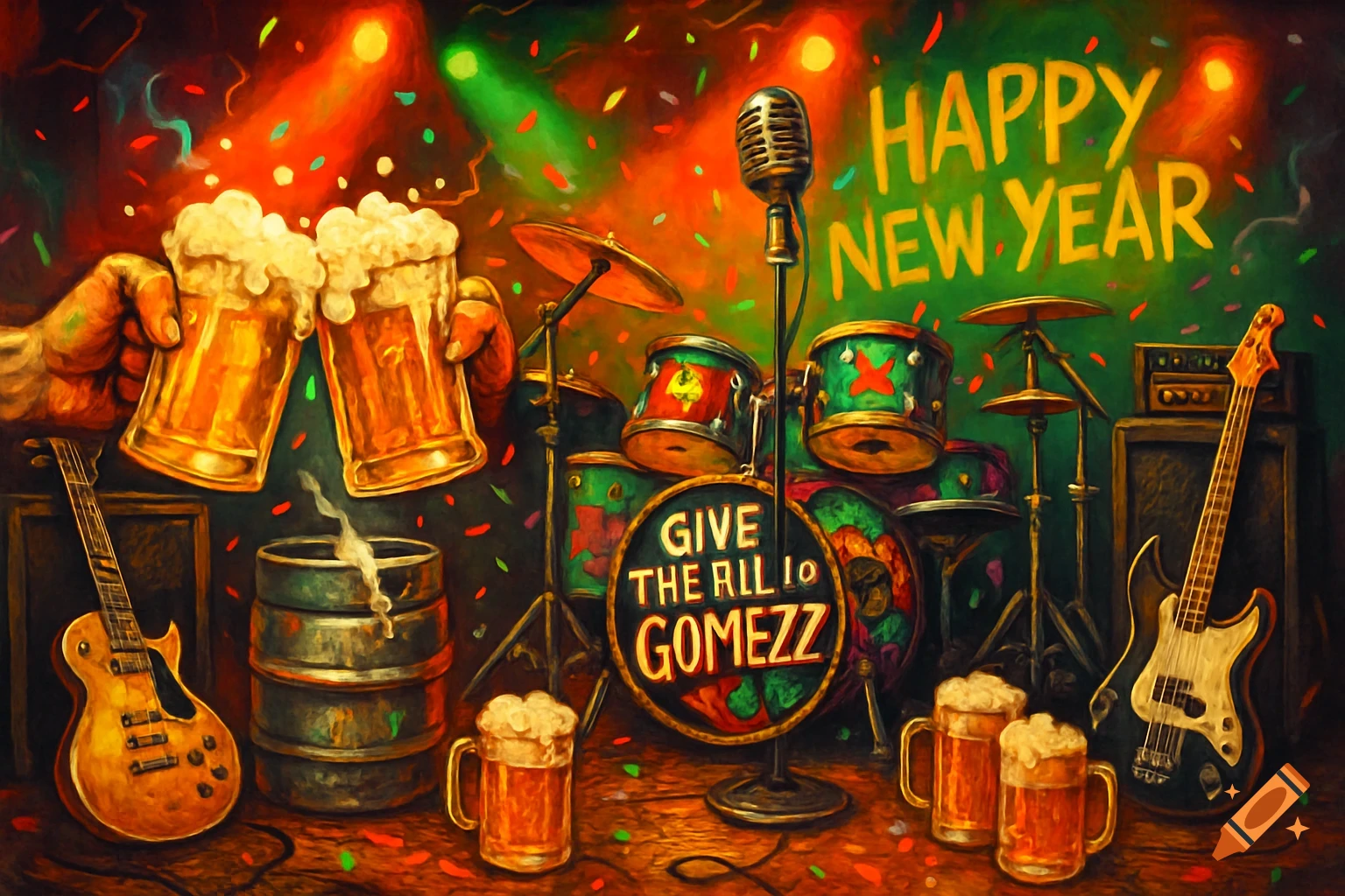 A vibrant, painterly scene of a New Year's Eve band setup with ...