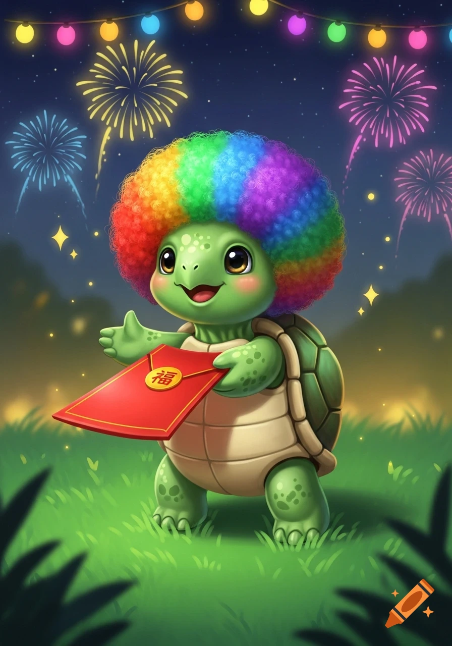 A cute cartoon turtle with a rainbow afro holds a red "good fortune ...