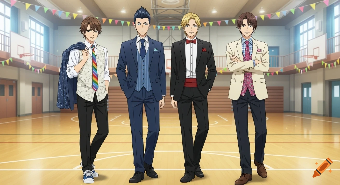 Four anime young men in stylish suits, one with a rainbow tie, stand in ...