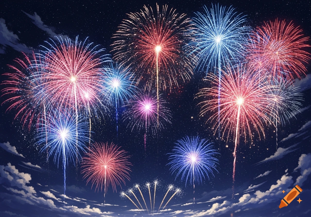 Vibrant red, blue, pink, and gold anime fireworks burst across a dark ...