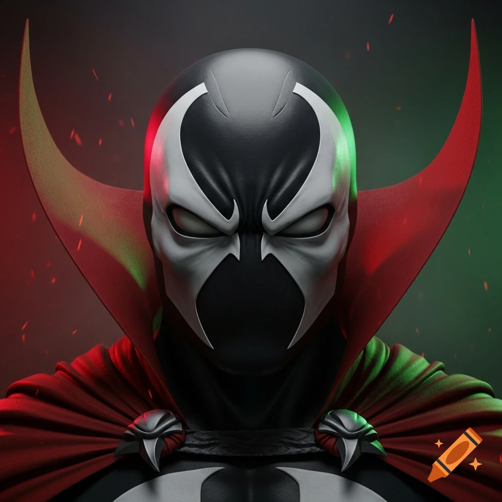 Close-up of Spawn's iconic black and white mask and flowing red cape ...
