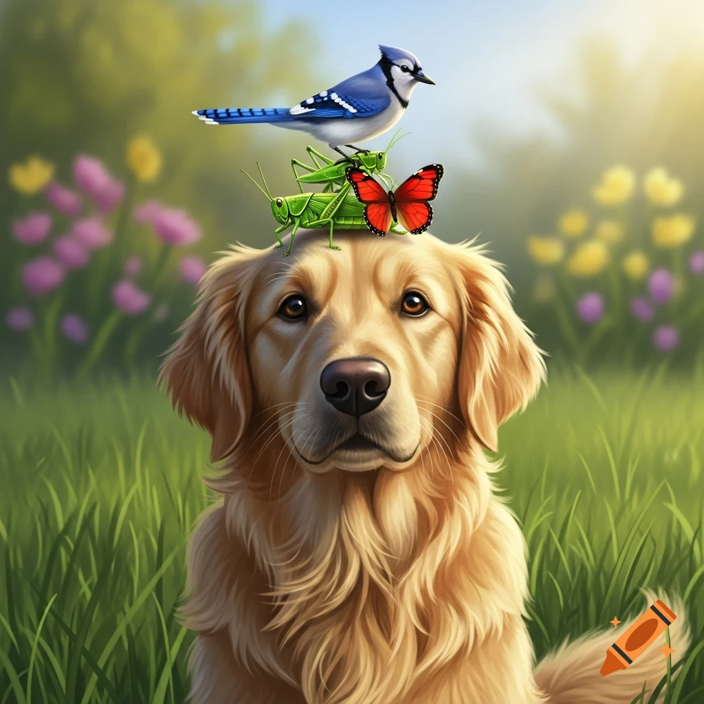 Golden retriever with a blue jay, two green grasshoppers, and a red ...
