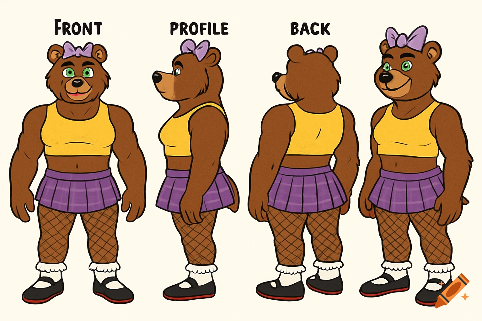 Character model sheet of a muscular cartoon bear with green eyes, a ...