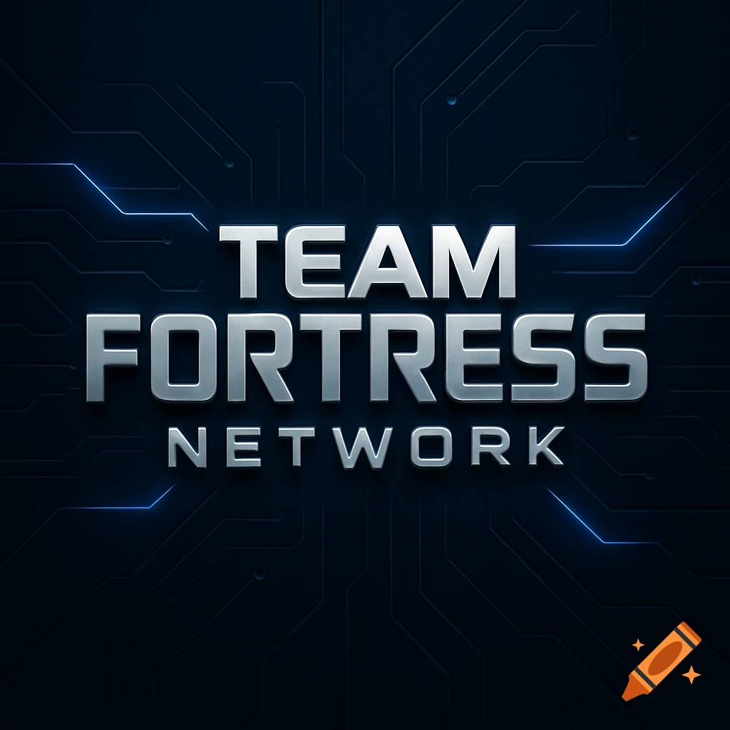 Metallic silver 'Team Fortress Network' logo on a dark circuit board ...