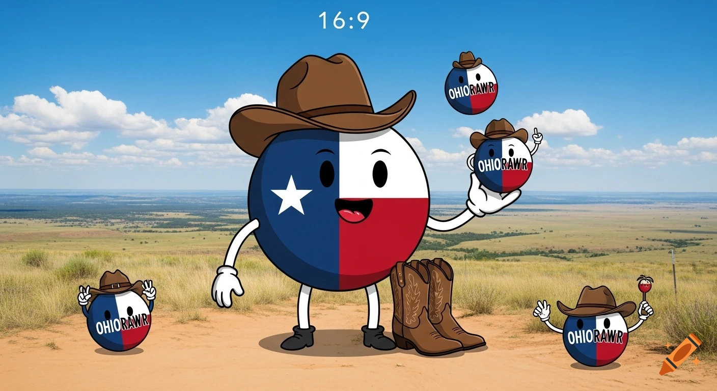 A cartoon Texas country ball in a cowboy hat and boots stands in a ...