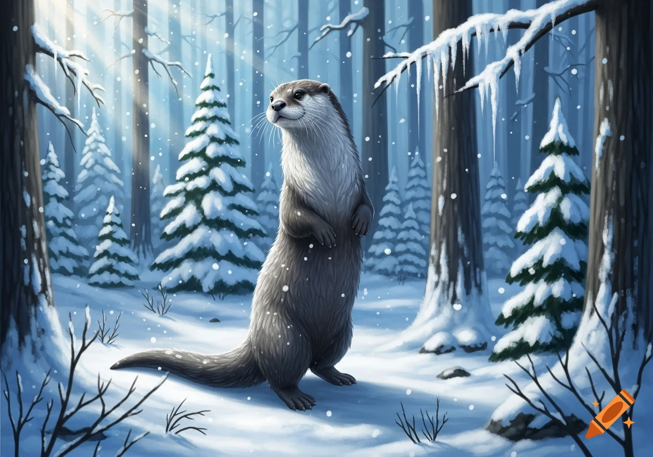 An adorable otter stands upright in a snowy forest with pine trees and ...