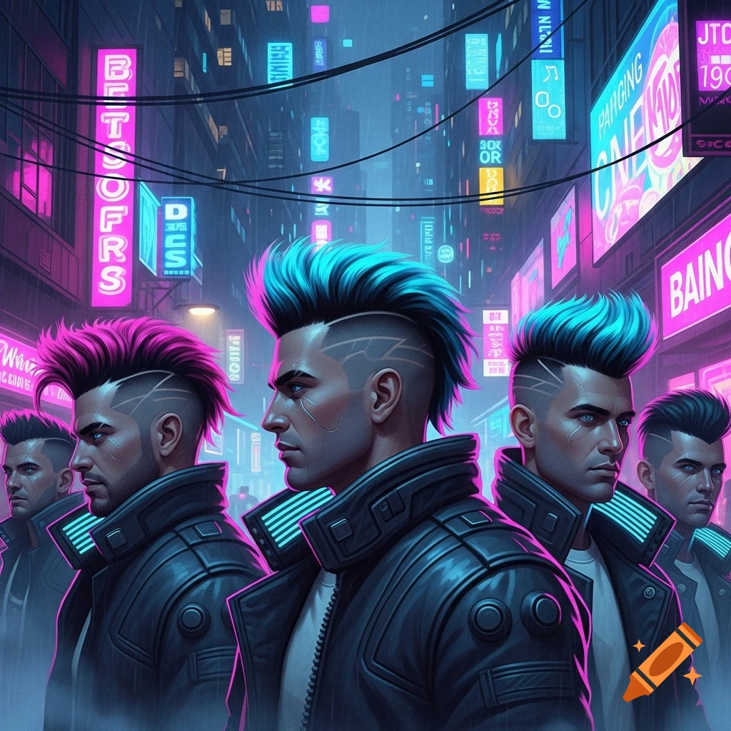 Men with vibrant mohawk hairstyles in black jackets standing on a neon ...