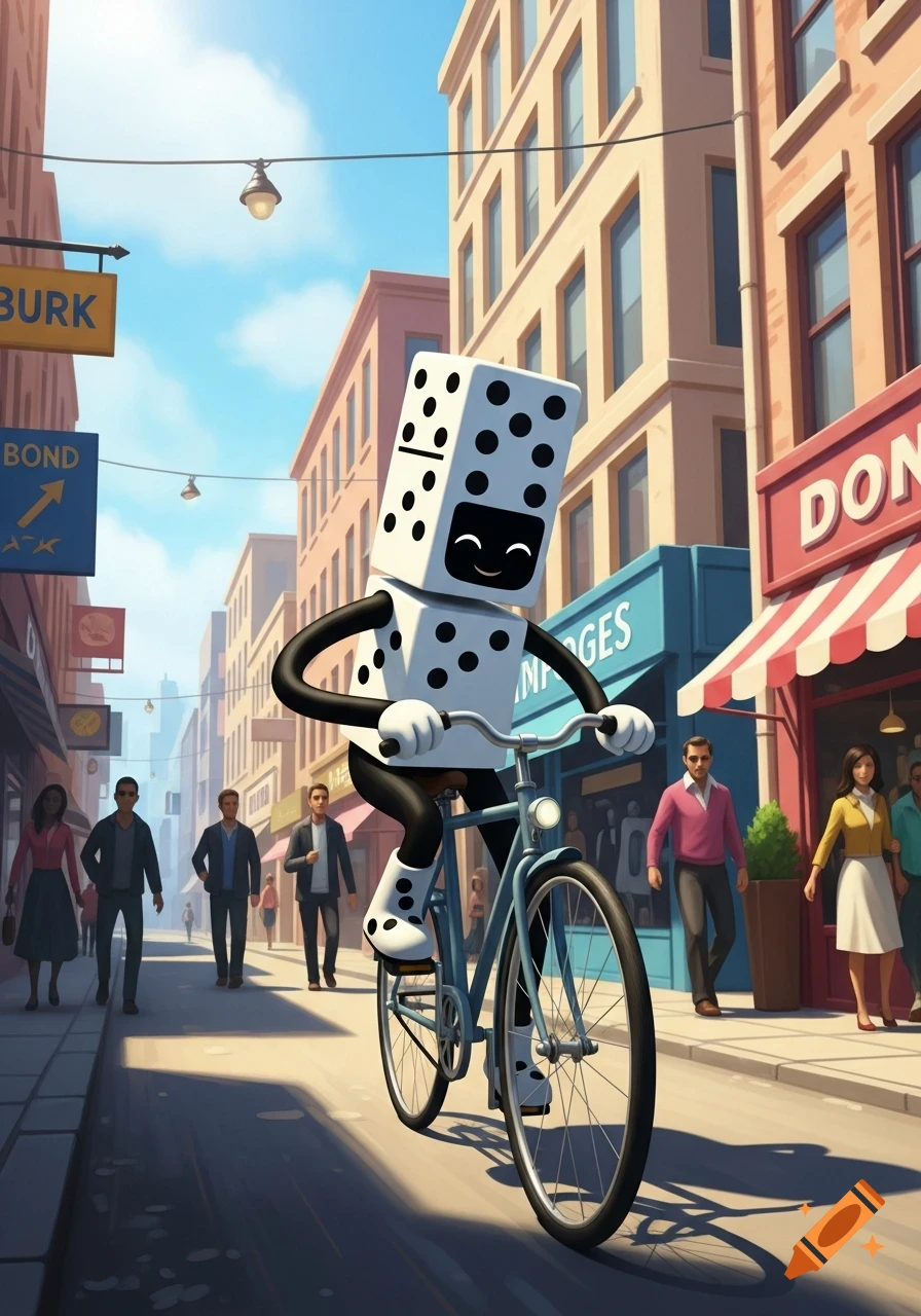 A cheerful cartoon domino character rides a bicycle down a bustling ...