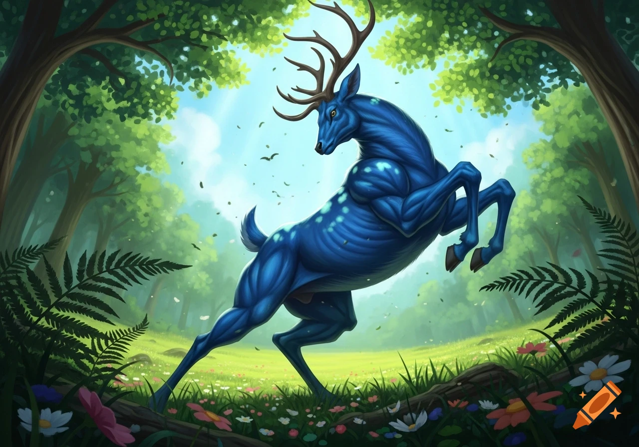A muscular blue deer-like creature with antlers rears up in a lush ...