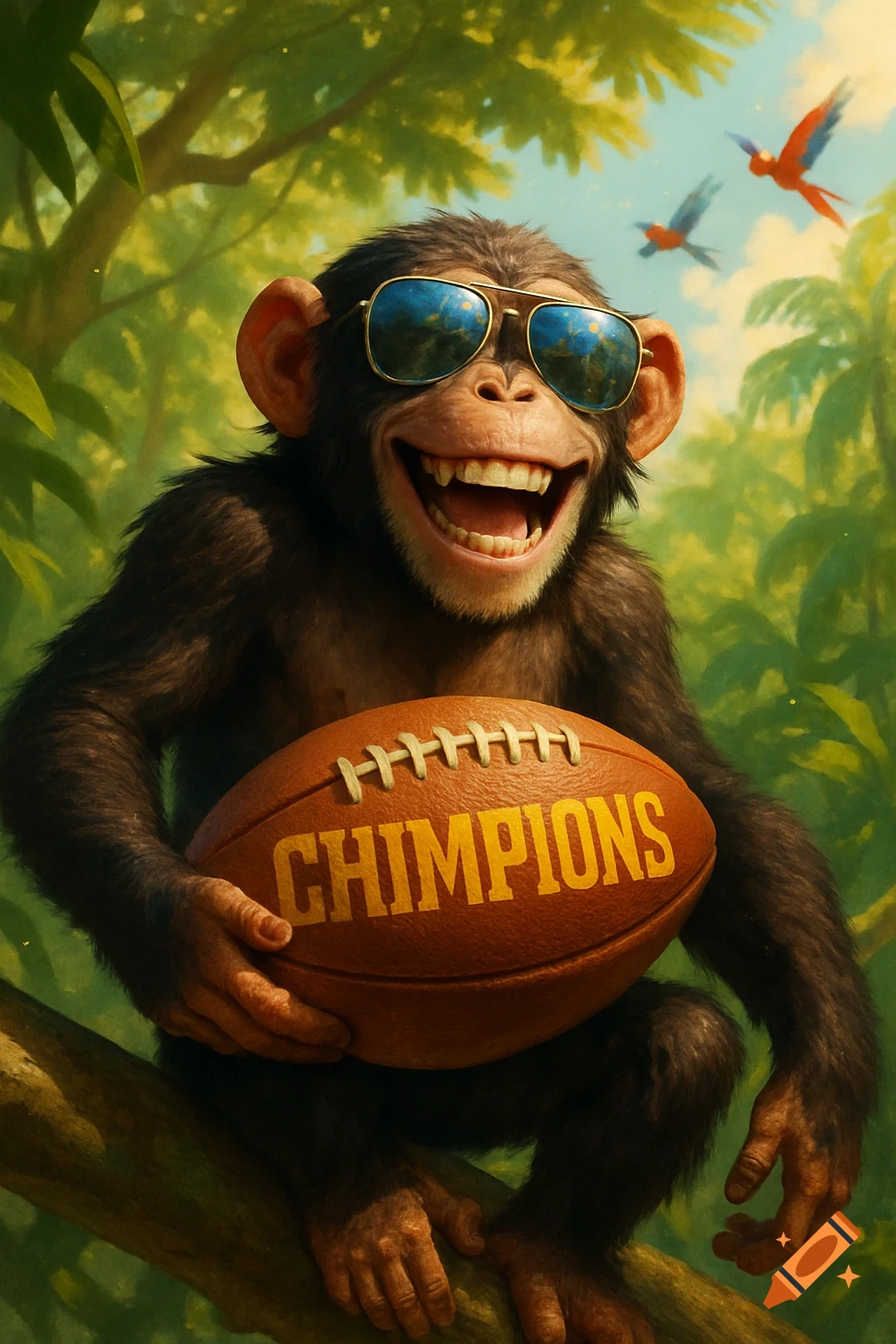 Vibrant illustration of a happy chimpanzee with sunglasses, holding a ...