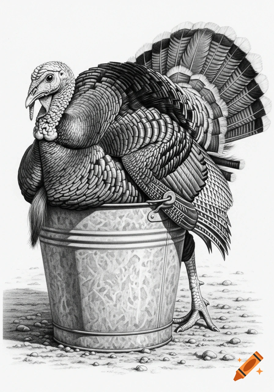 Realistic black-and-white pencil drawing of a turkey stuck in an old ...