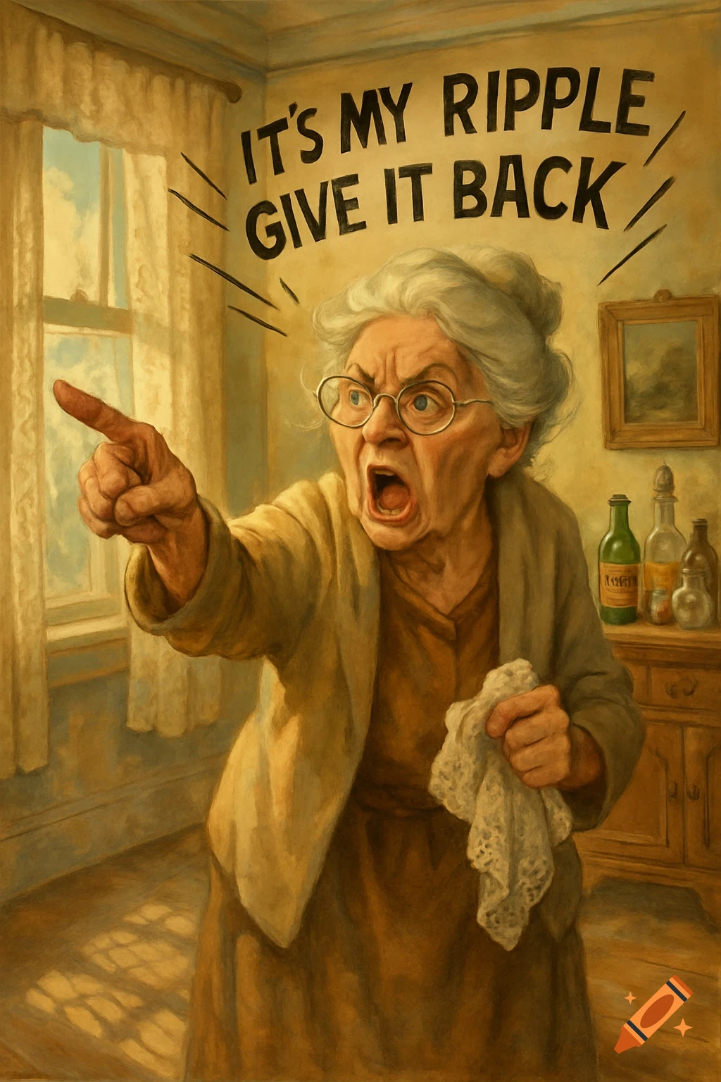 A painted caricature of an angry old woman pointing, with the text 'IT ...