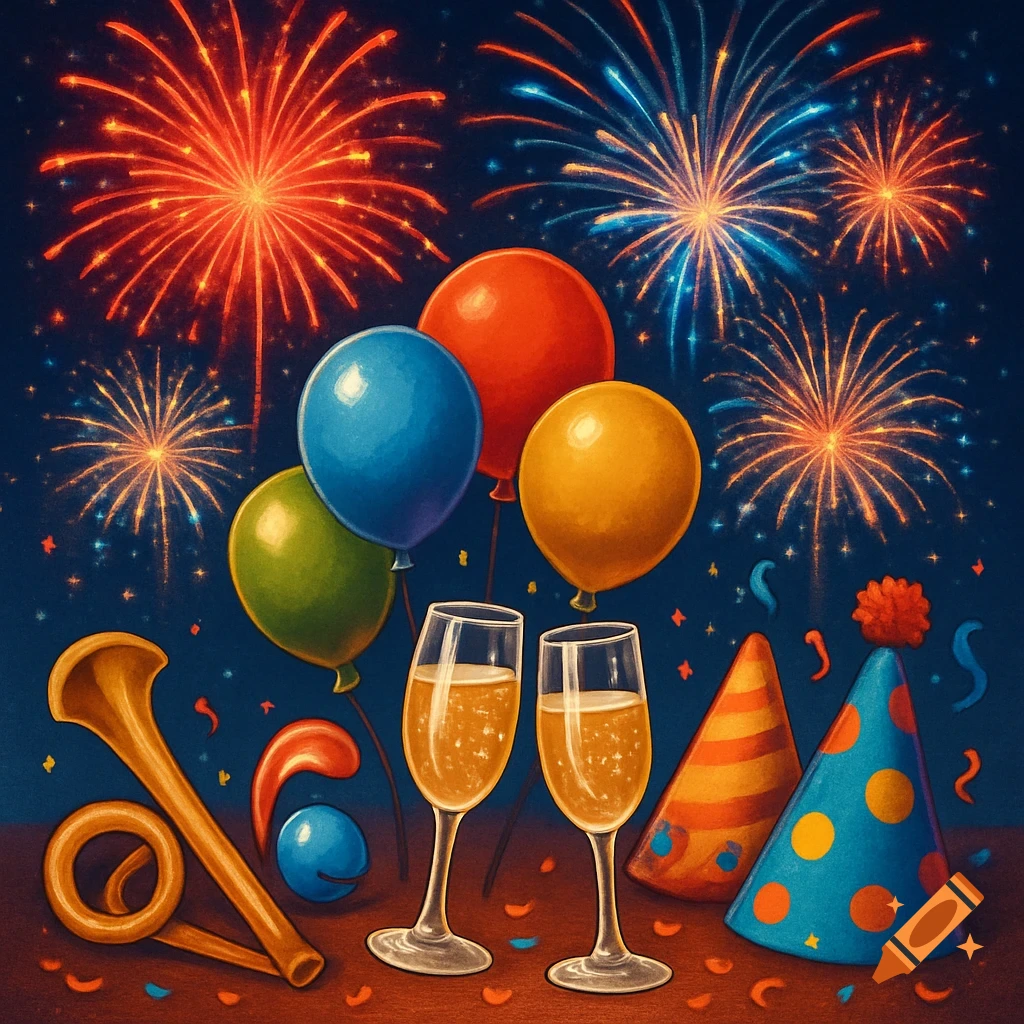 Vibrant illustration of a New Year's celebration with fireworks ...